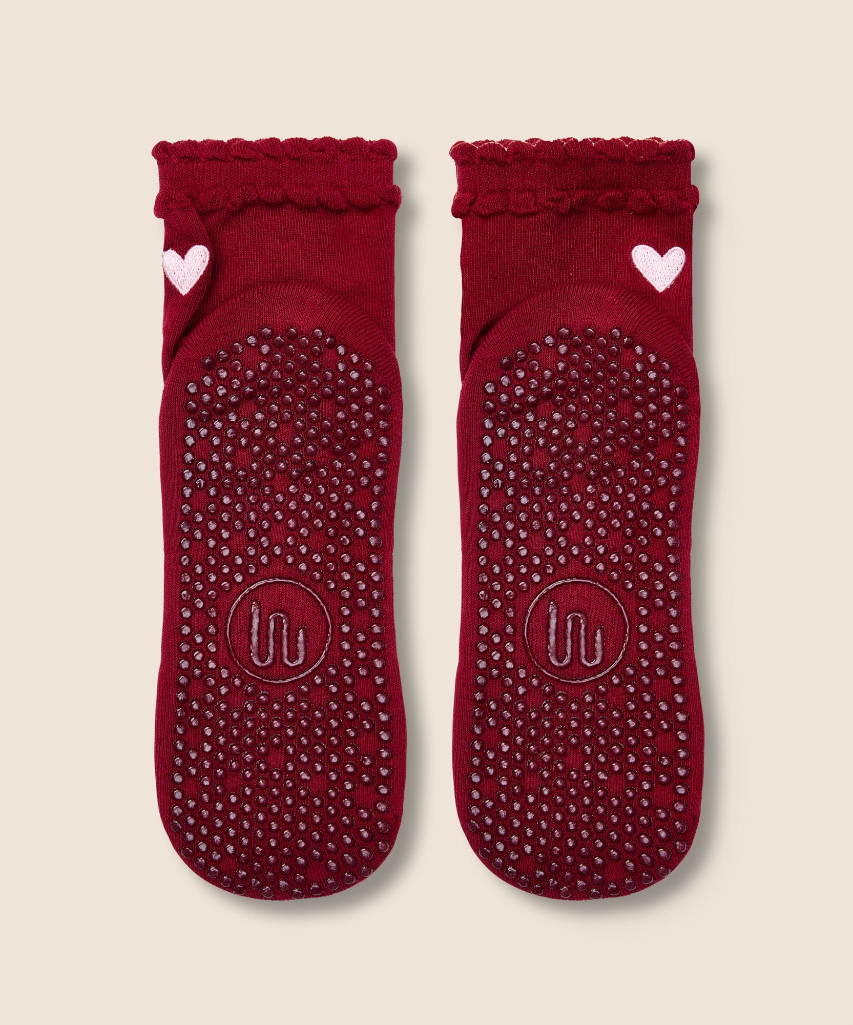Crew Non Slip Grip Socks - Heart Ruffle Burgundy